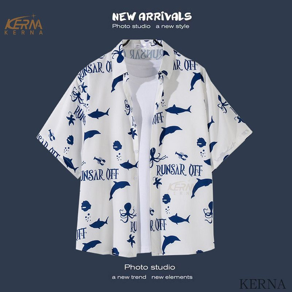 Рубашка Мужской KERNA белый Короткий Полиэфирное волокно Цветочный, размер 56, 58 облегающий ...