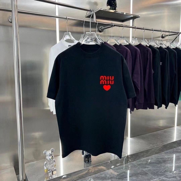 Футболка Мужской Женский Miu Miu черный Короткий размер 46 Хлопок Надписи Орнамент облегающий