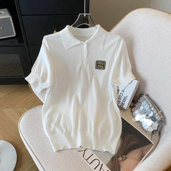 Поло Женский Miu Miu белый Короткий размер 46 Натуральный шелк Логотип облегающий Повседневный