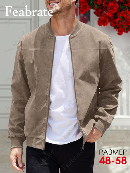 Бомбер Мужской Feabrate хаки Замша искусственная, размер 54 Длинный Демисезон полуприталенный ...