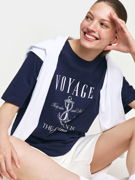 Футболка Женский Zolla синий Короткий, размер 48 Хлопок, Эластан Повседневный Бангладеш, рост ...