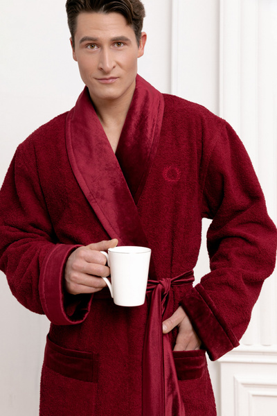 Халат Мужской Домашний Воротник, Вышивка бордовый Пояс Хлопок, размер ...