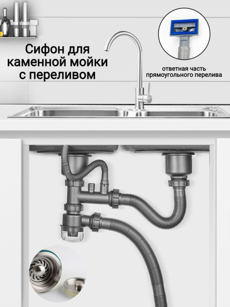 Двойной сифон с переливом для кухонной мойки и раковины из камня купить ...