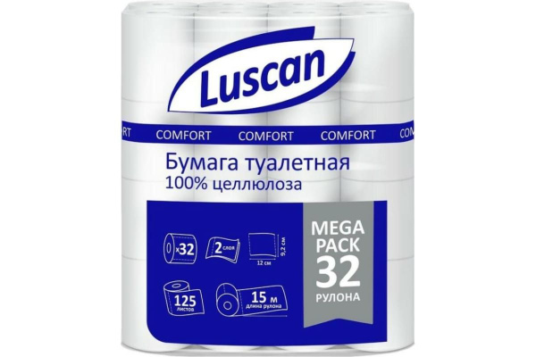 Туалетная бумага Luscan Comfort Megapack 2 слоя, белый, целлюлоза, 15 м., 125 л., 32 рул/уп ...