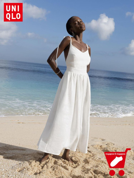 Юбка с подтяжками из чистого хлопка с V-образным вырезом Uniqlo,44,белый,S, Женский, Еврозима ...