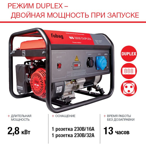 Генератор бензиновый FUBAG BS 3500 Duplex, 3,1 (7,0) кВА, 230 В, 431249 ...