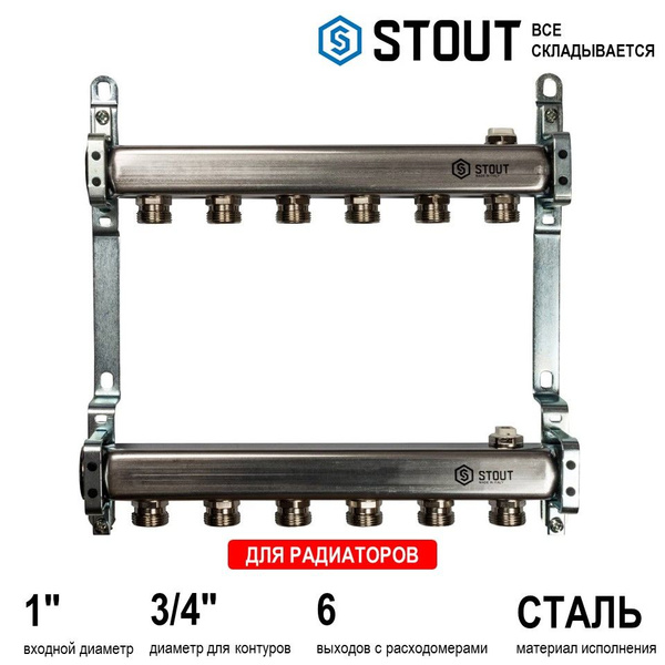 Коллектор из нержавеющей стали для радиаторной разводки Stout на 6 ...