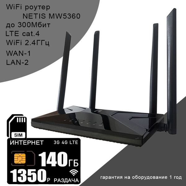 Роутер Netis MW5360 I сим карта с интернетом и раздачей, 140ГБ за 1350р/мес., черный, 2.4 ГГц ...