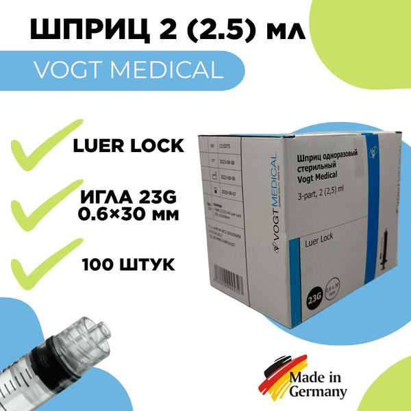 Шприц Vogt Medical 2 мл, трехкомпонентный, Luer Lock, 100 шт. - купить с доставкой по выгодным ...