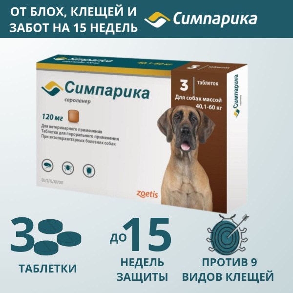 Zoetis Симпарика таблетки для собак от блох и клещей 120 мг (от 40 - 60 ...
