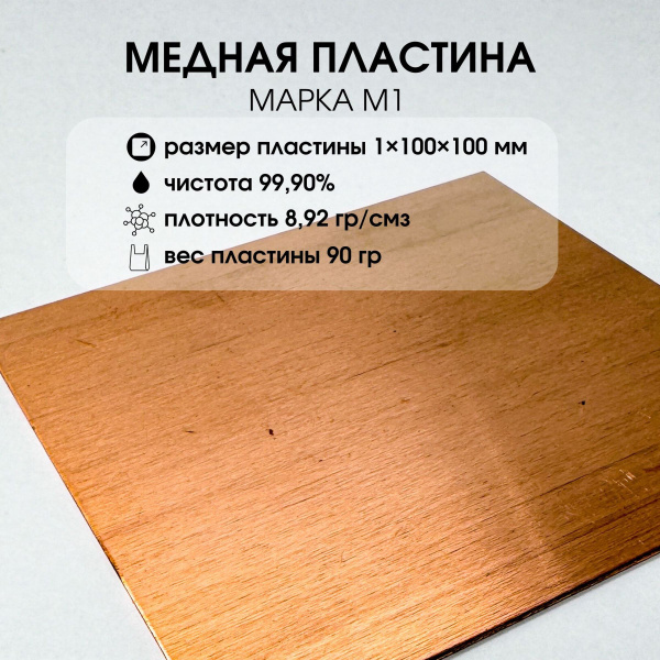 Медная пластина 100*100мм толщина 1мм, чистота 99,9% марка М1 (вес 90 ...