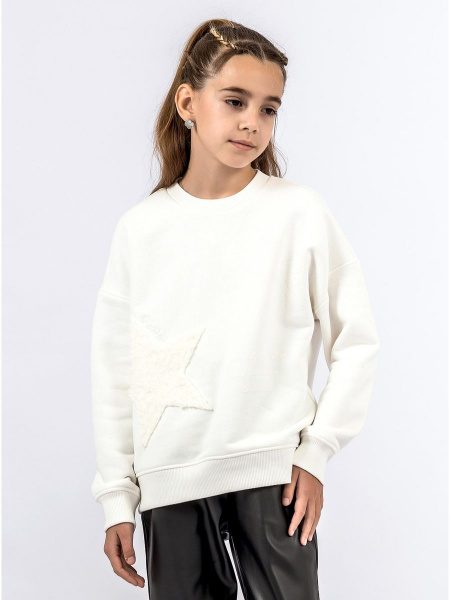 Свитшот Девочки Valini молочный Без застежки Хлопок, Полиэстер, размер 134 свободный Длинный ...