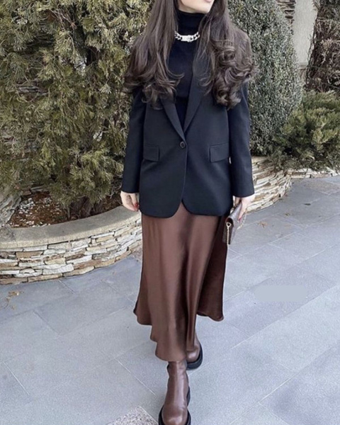 Юбка Женский BLACK KOSMOS коричневый, шоколадно-коричневый Атлас карандаш, прямая, размер 44 ...