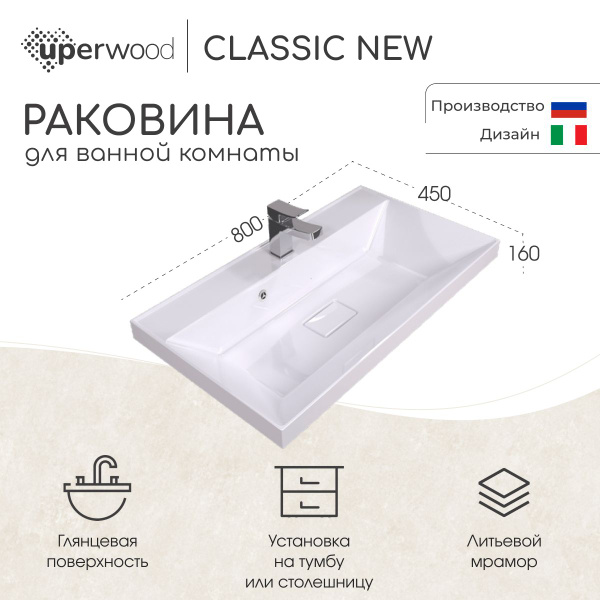 Раковина для ванной 80 см, Uperwood Classic New, белая глянцевая, с ...