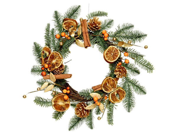 Декоративный венок НОВОГОДНИЙ ПУНШ с шишками, ягодами и пряностями, хвоя 100% литая, 40 см ...