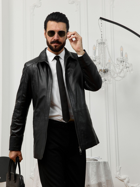 Куртка кожаная Мужской Vici&Vici Карманы черный Кожа, размер 48 Длинный Демисезон прямой Россия ...