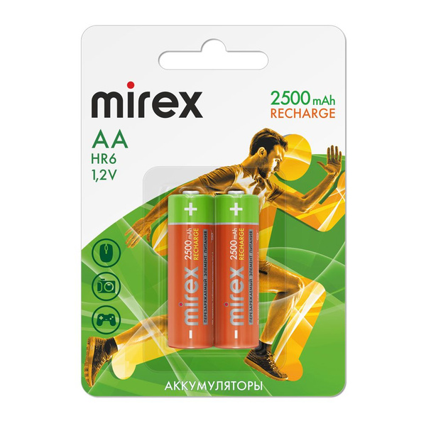 Аккумуляторные батарейки Mirex пальчиковые АА 2500 mAh Ni-Mh 1,2V 2 шт ...