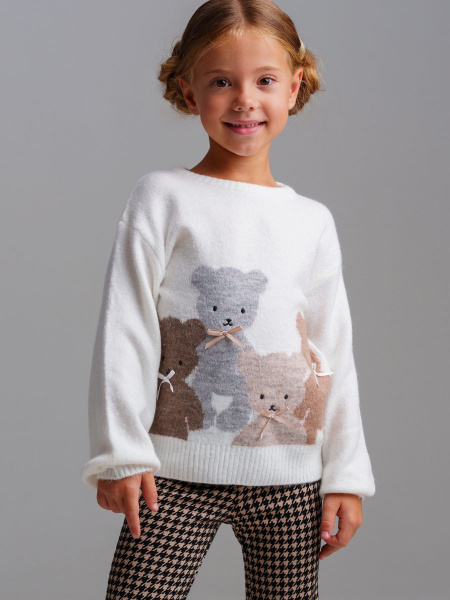 Джемпер Девочки PlayToday белый, коричневый Трикотаж, размер 104 Без застежки Длинный Животные ...