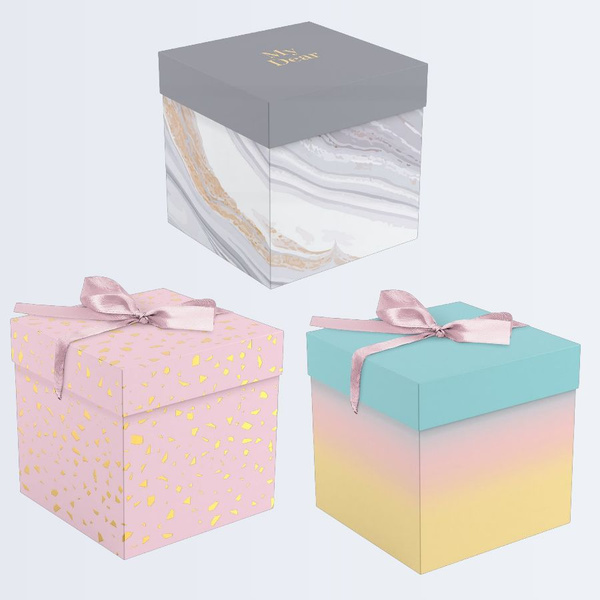 Коробка подарочная складная 15х15х15 см, набор 3 штуки, 3 дизайна MESHU (Marble, Gradient, Pink ...