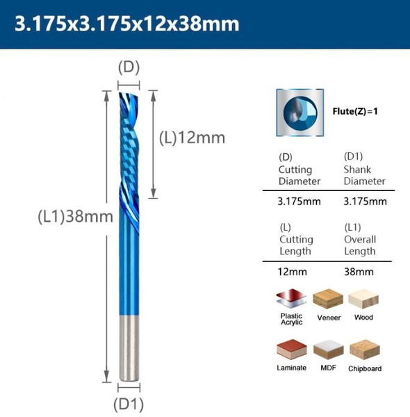 Фреза спиральная XCAN однозаходная 3,175x3,175x12x38 мм,с нано-синим ...