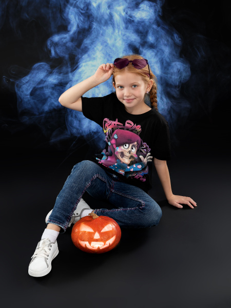 Футболка Девочки KyKy wear черный Короткий, размер 158, 164 Хлопок Черепа прямой Повседневный ...