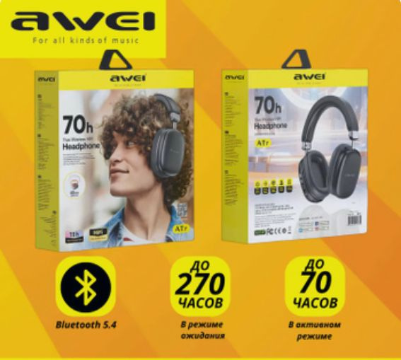 Наушники Полноразмерные AWEI AT7 Черный Беспроводное AWEI AT7 Черный ...
