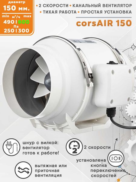 CorsAIR 150 двухскоростной осевой канальный вентилятор D150, кнопка на корпус для переключения ...