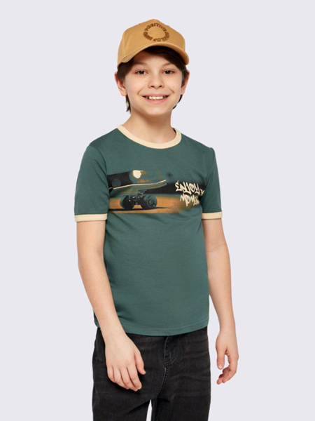 Футболка Девочки, Мальчики OLDOS темно-зеленый, болотный Короткий, размер 146 Хлопок, Трикотаж ...