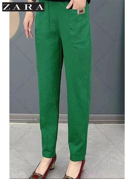 Брюки Женский Zara классические, широкие зеленый Хлопок Повседневный, размер 46 Эластичная ...