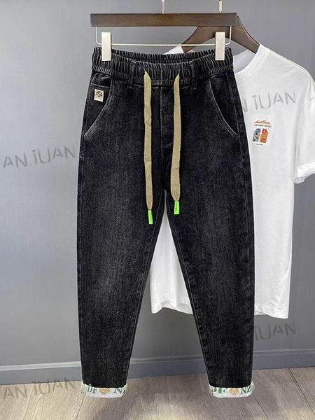 Джинсы Женский, Мужской KERNA черный Деним, размер 50 свободный Эластичная, Шнуровка Средняя ...