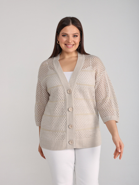 Жакет Женский BONADI бежевый, размер 52 Люрекс полуприлегающий Три четверти Пуговицы Полоска ...