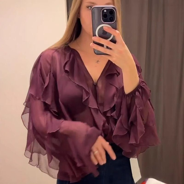 Рубашка Женский Pull&Bear бордовый Длинный Вискоза, Полиэстер Кружево Однотонный, размер 46 ...