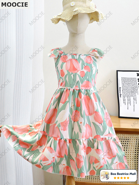 Платье Девочки MOOCIE пудровый Повседневный Без рукавов Хлопок, размер 140 купить c доставкой на ...