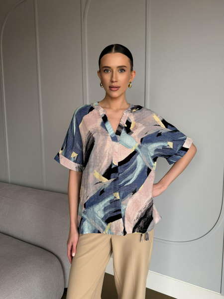 Блузка Женский HELLO MODA! серо-синий, черный Хлопок Короткий Абстракция, размер 52, 54 А-силуэт ...