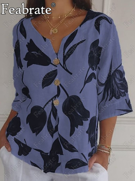 Блузка Женский Feabrate васильковый Полиэстер Три четверти Другое, размер 50, 52 свободный ...