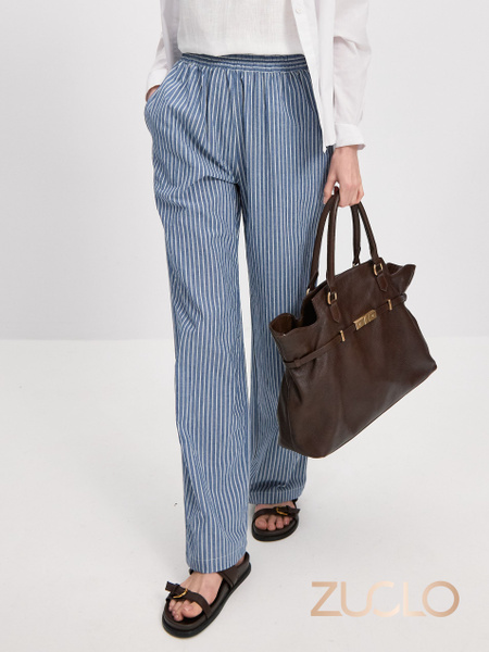 Брюки для дома Женский ZUCLO Хлопок, размер 46, 48 Резинка прямые синий ...