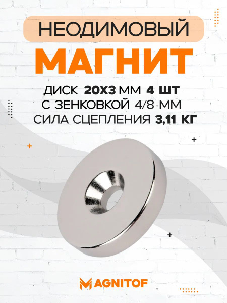 Неодимовый магнит 20x3 мм с зенковкой на 3,11 кг 4 шт купить на OZON по низкой цене (2049816795)