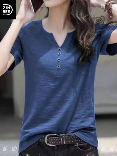 Футболка Женский ZinBee синий Короткий, размер 52 Полиэстер Однотонный облегающий Повседневный ...