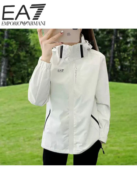 Ветровка Женский EA7 Карманы, УФ-защита белый круглый Полиэстер FR, размер 44, 46 Длинный На ...