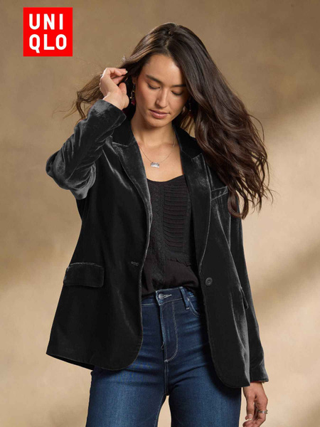 Пиджак Женский Uniqlo черный, размер 48 Смесовая ткань облегающий Длинный Повседневный Пуговицы ...