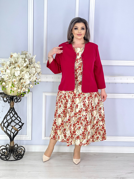 Комплект одежды Женский MoDiva Вечерний/праздничный двойка вишня, размер 52 Полиэстер Цветочный ...