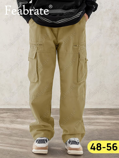 Брюки Мужской Feabrate прямые, широкие хаки Полиэстер Повседневный, размер 56 Шнуровка прямой ...