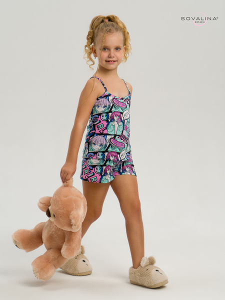Пижама Девочки SOVAlina с шортами Кулирная гладь, размер 134 Разноцветный бирюзовый Бретельки ...