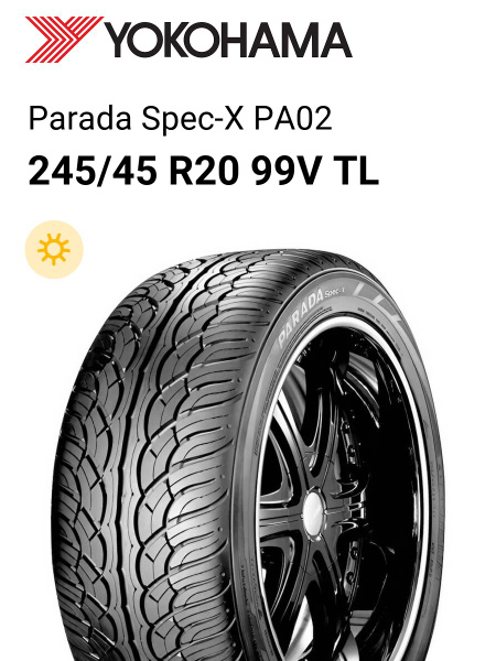 Yokohama Parada Spec-X PA02 Шины летние 245/45 R20 99V (2417583260)
