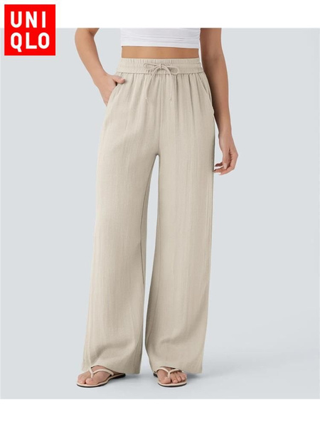 Брюки Женский Uniqlo прямые бежевый Хлопок Повседневный, размер 48 Другое облегающий Демисезон ...