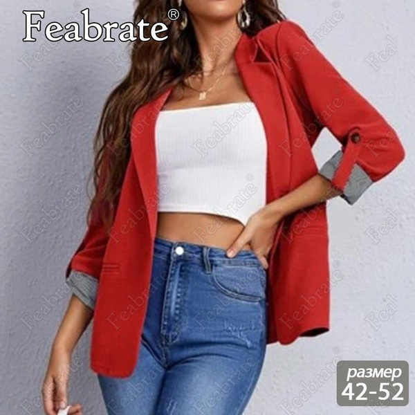 Пиджак Женский Feabrate красный, размер 52 Политекс Карманы полуприлегающий Длинный однобортный ...