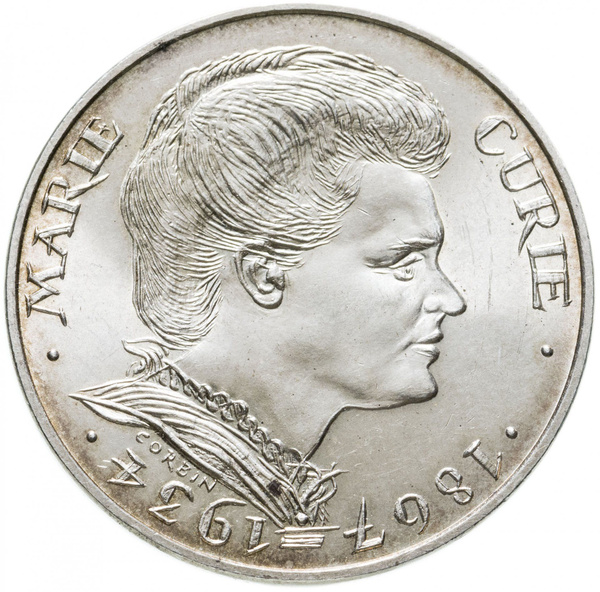 Франция 100 франков 1984 "50 лет со дня смерти Марии Кюри", серебро, вес - 15г, сохранность AU ...