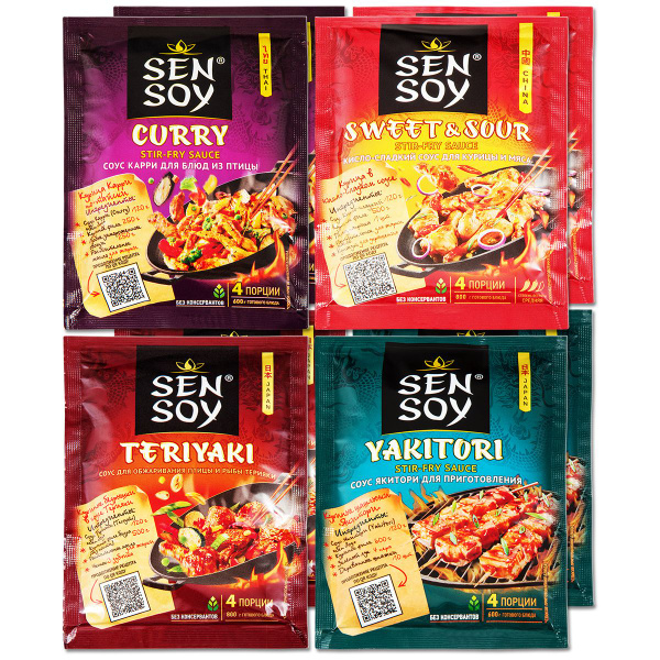 Набор соусов для курицы SenSoy, 4 вида: CURRY, SWEET SOUR, TERIYAKI и YAKITORI, пакет 120 г, 8 ...