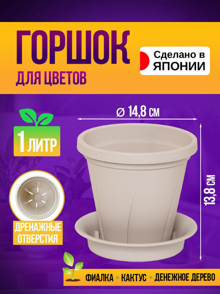 Горшок для цветов пластиковый круглый с поддоном 1 л, Д14,8х13,8 см ...