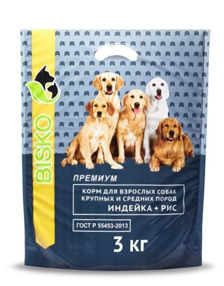 Сухой корм Биско/Bisko премиум с индейкой для взрослых собак крупных и ...